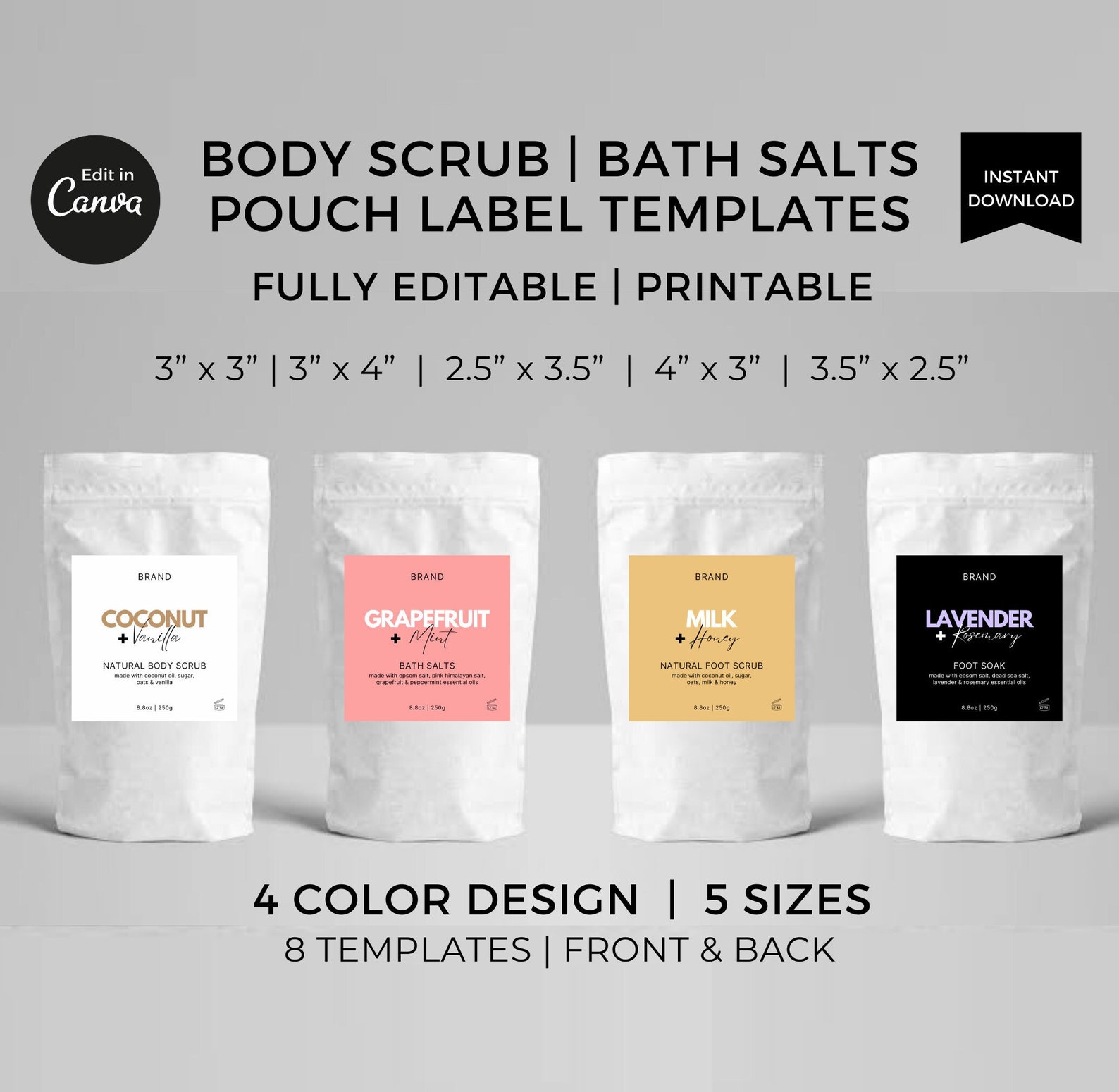 Editable Bath Salts Pouch Labels Template Canva, Printable Body Scrub ...