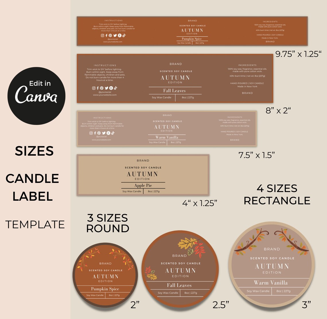 Autumn Candle Tin Labels Template Canva, Candle Label Stickers Editable ...
