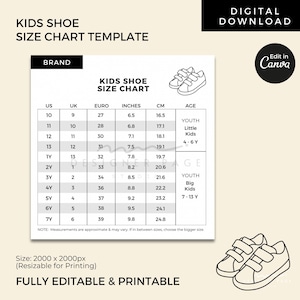 Editable Baby Toddler Shoe Size Chart Template Canva, Kids Shoe Size ...