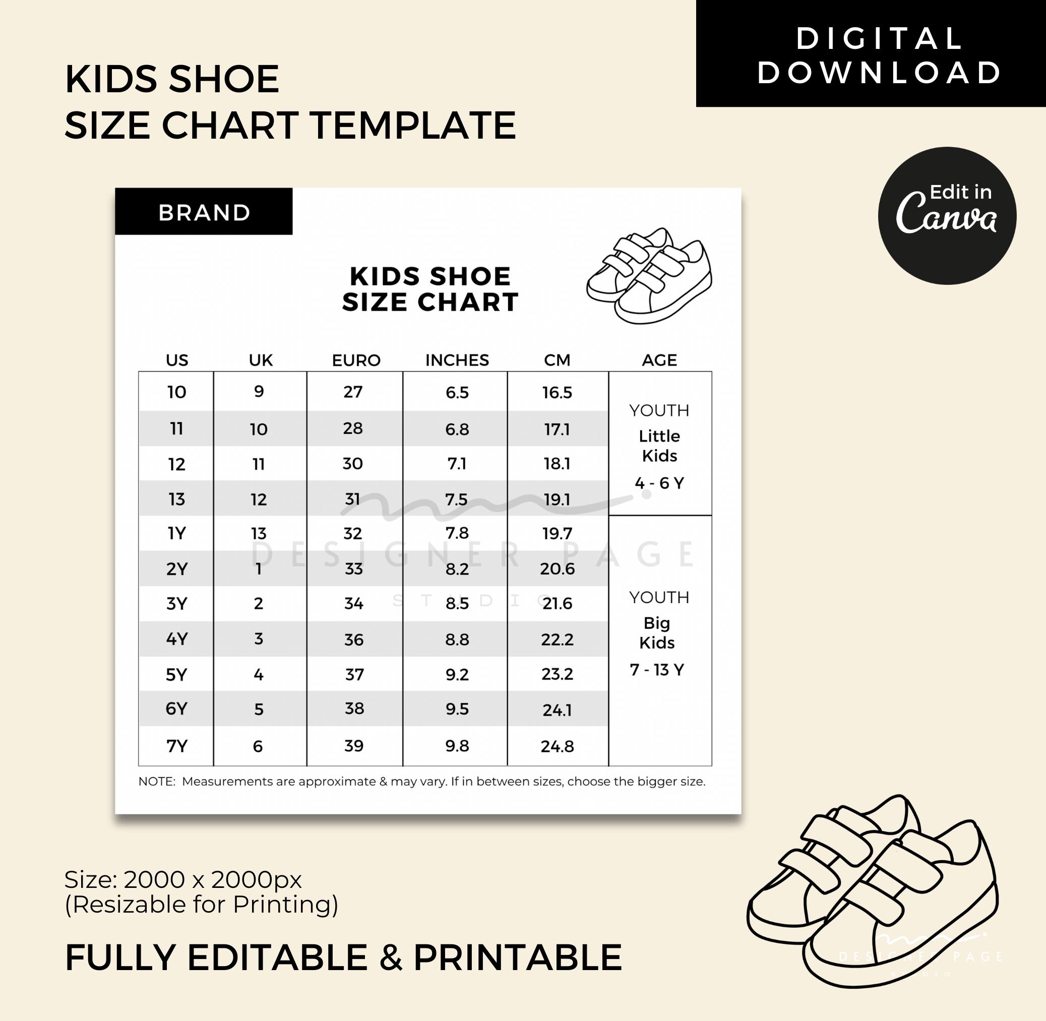 Editable Baby Toddler Shoe Size Chart Template Canva, Kids Shoe Size ...