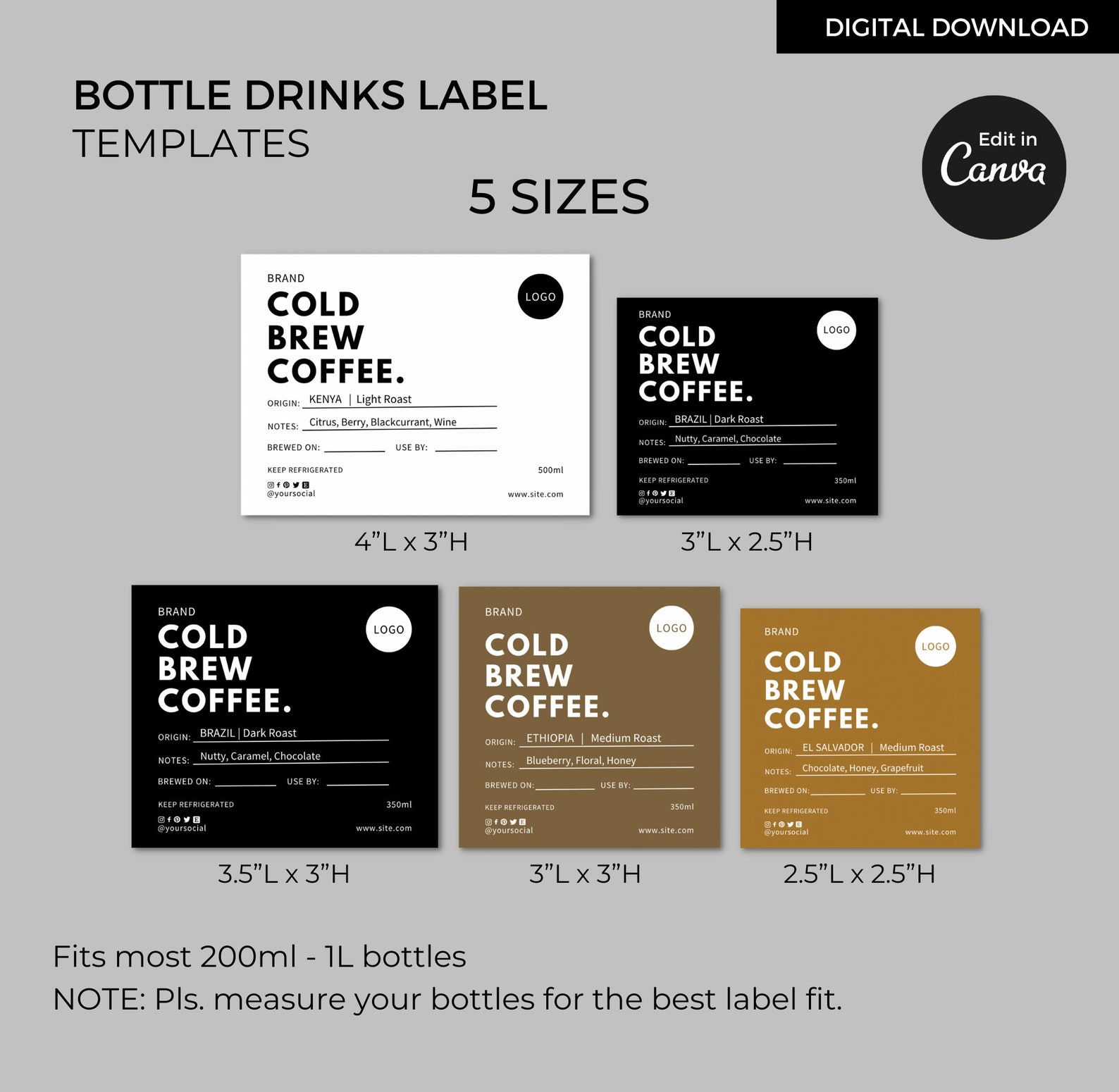 Editable Cold Brew Coffee Bottle Labels Template Canva, Drink Label ...