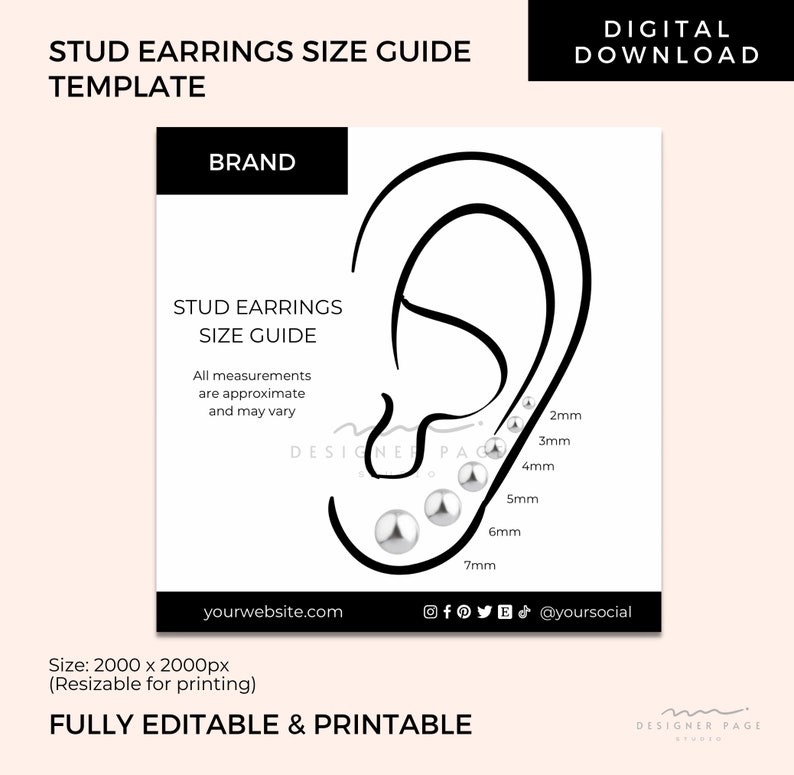 Editable Stud Earrings Size Guide Template Canva, Printable Earrings ...