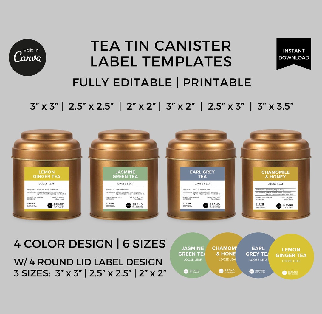 Modern Tea Tin Can Labels Template Editable Canva, Tea Canister Label ...