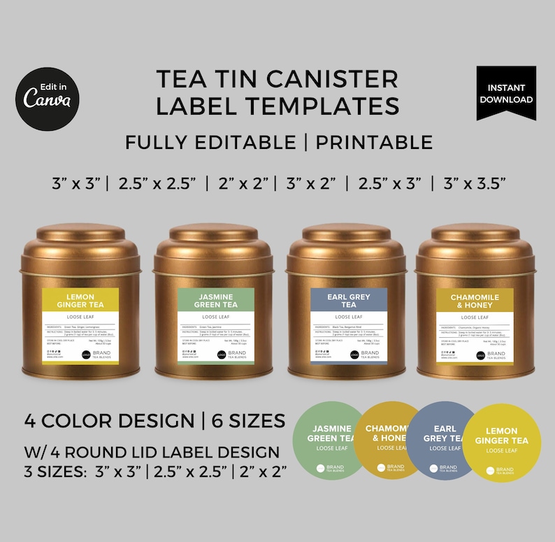 Modern Tea Tin Can Labels Template Editable Canva, Tea Canister Label ...