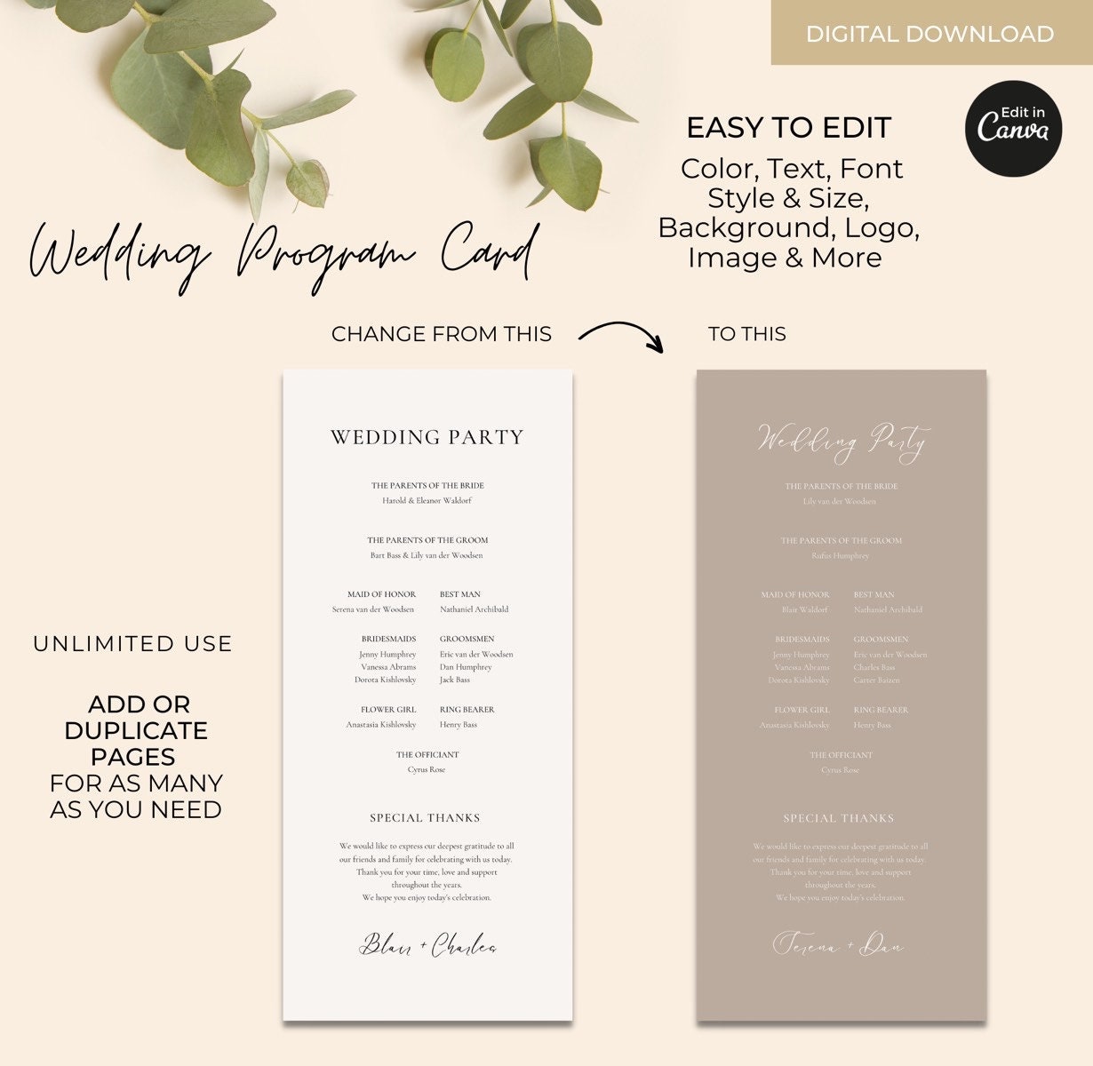 Elegant Wedding Ceremony Program Card Template Canva, Printable Wedding ...