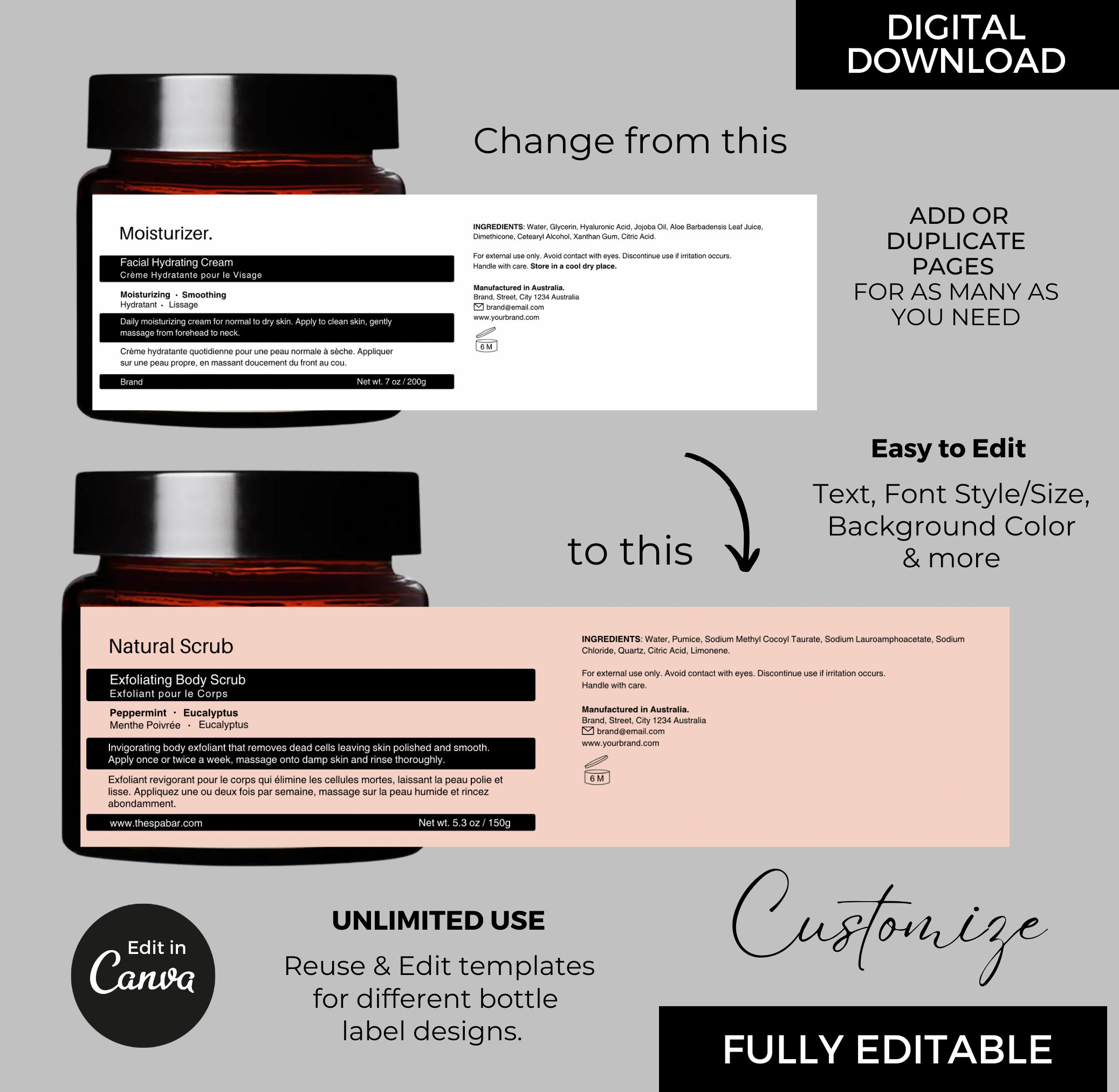 Minimalist Cosmetic Jar Labels Template Canva, Editable Product Label ...