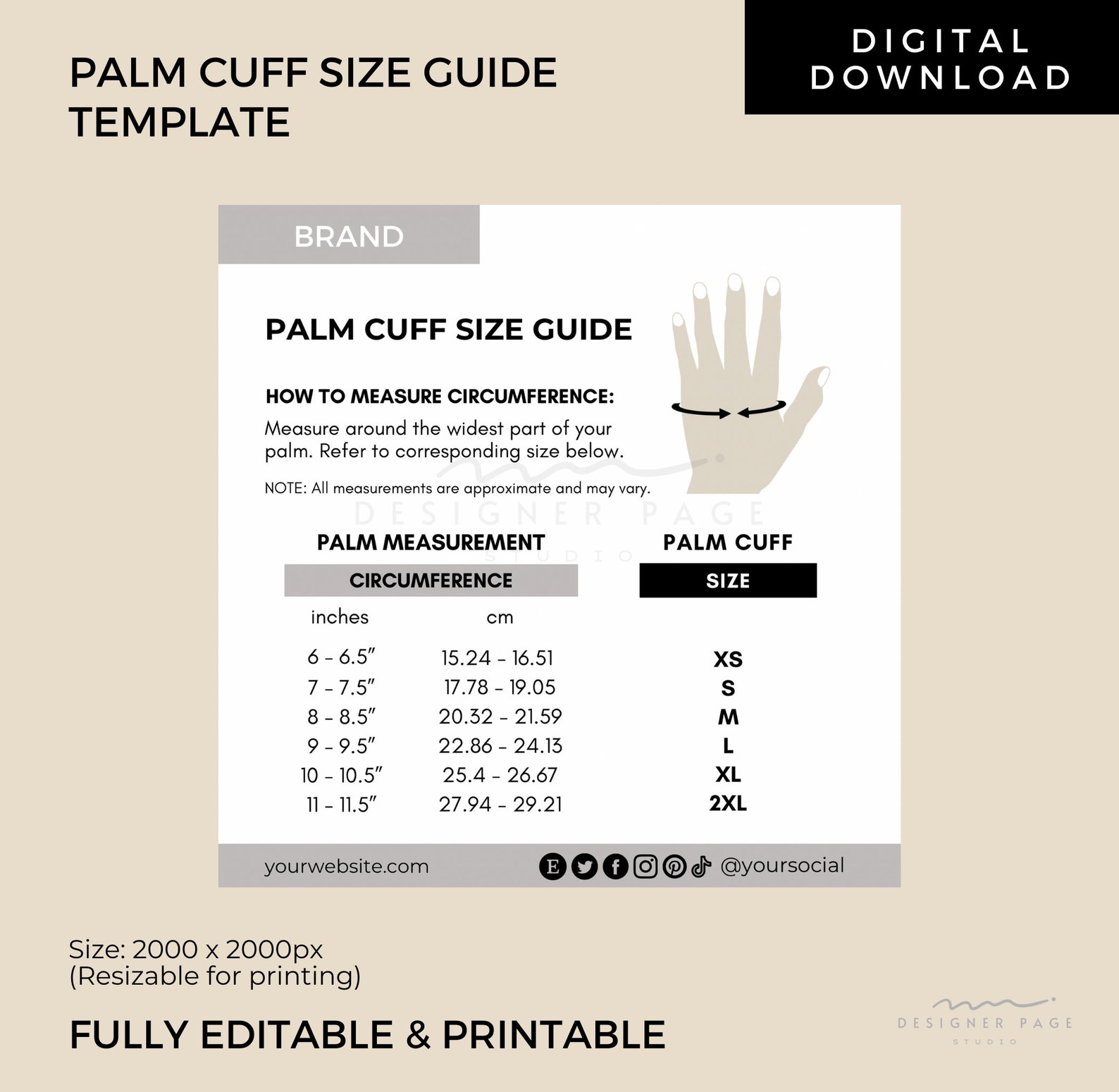 Editable Palm Cuff Size Chart Template Canva, Printable Palm Cuff Size ...