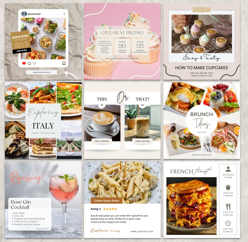 Food Blogger Instagram Post Templates Canva, Editable Recipe Templates ...