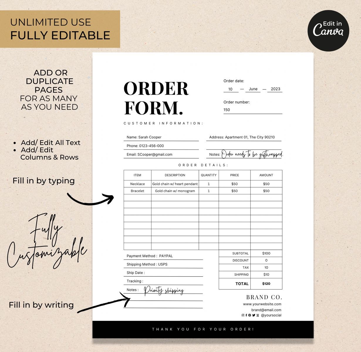 Editable Order Form Template Canva, Printable Customer Sales Invoice ...