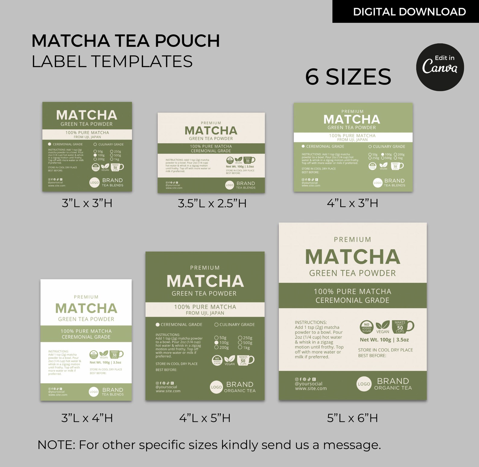 Matcha Tea Labels Template Editable Canva, Matcha Powder Tea Bag Label ...