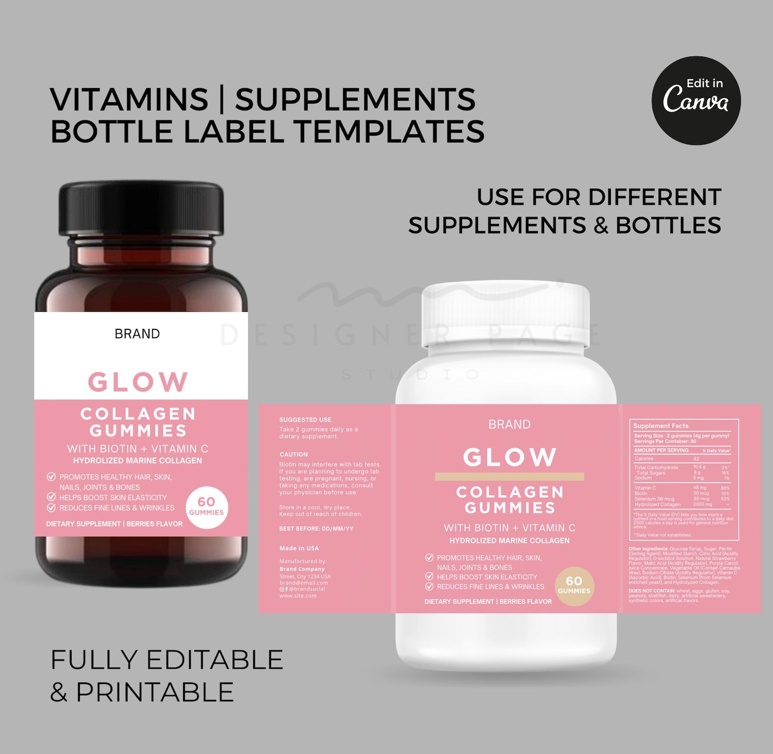 Collagen Supplements Bottle Labels Template Canva Editable, Printable ...