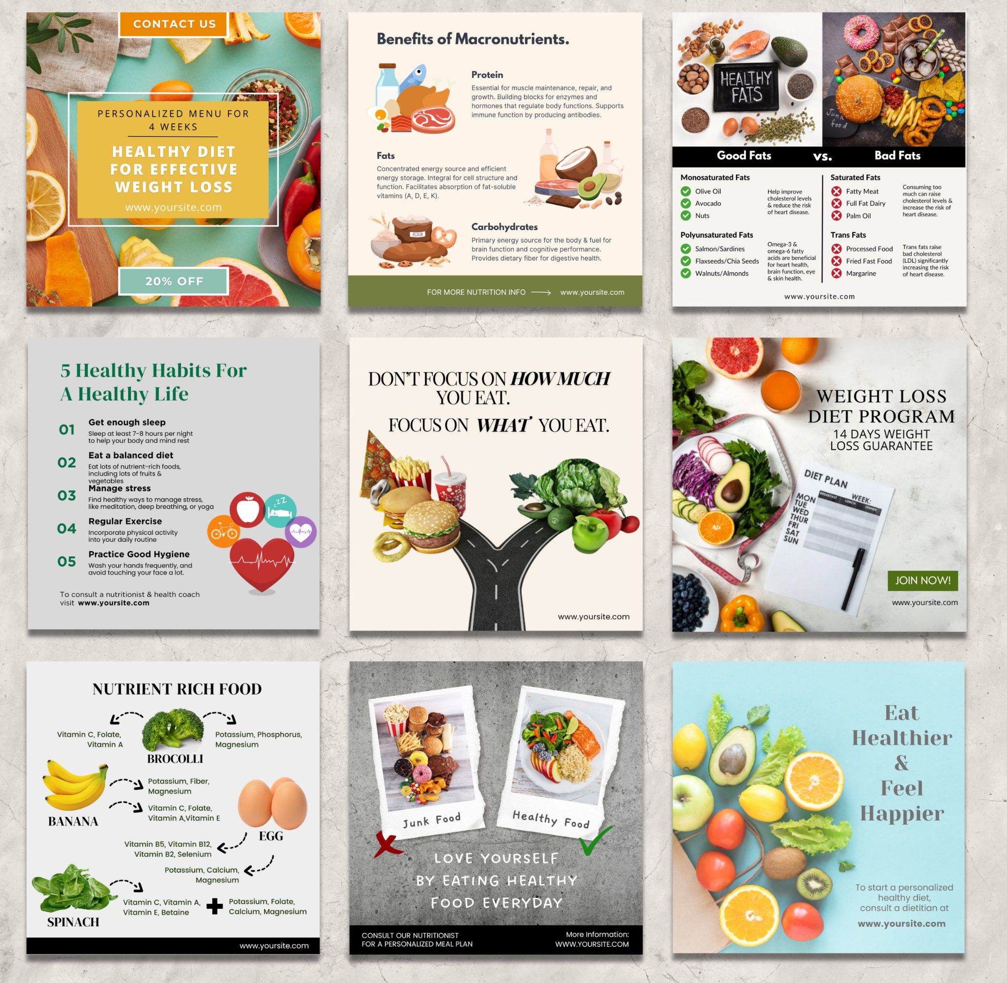 Editable Health Nutrition Instagram Templates Canva, Dietitian ...
