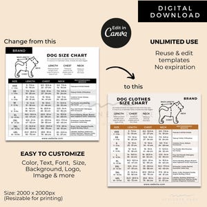 Editable Dog Clothes Size Chart Template Canva, Printable Dog Clothing ...