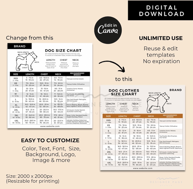 Editable Dog Clothes Size Chart Template Canva, Printable Dog Clothing ...