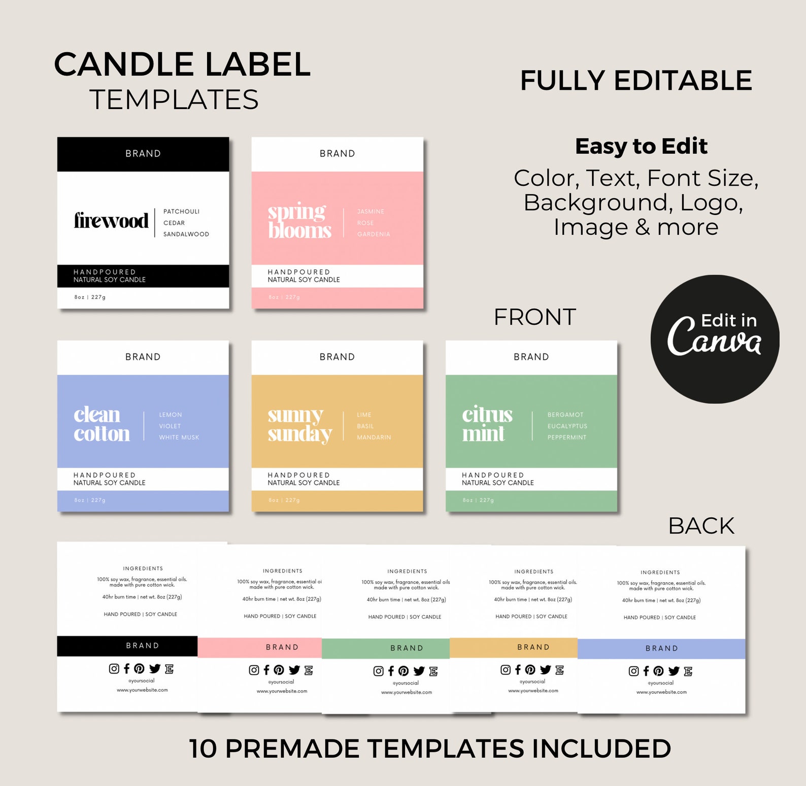 Modern Candle Label Template Canva, Candle Labels Printable, Editable ...