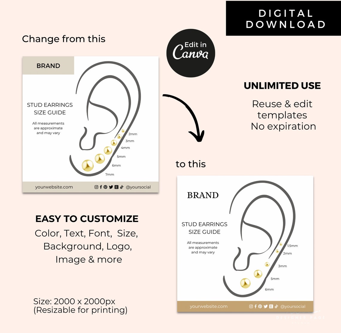 Editable Stud Earrings Size Guide Template Canva, Printable Earrings ...