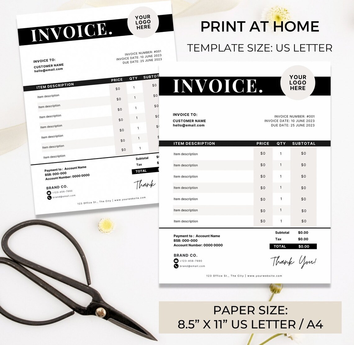 Editable Printable Sales Invoice Template Canva, Editable Payment Forms ...