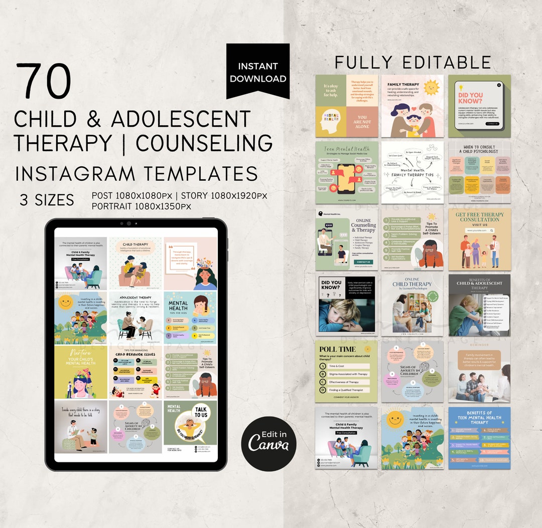 Child Adolescent Therapy Instagram Templates Editable Canva, Teen ...