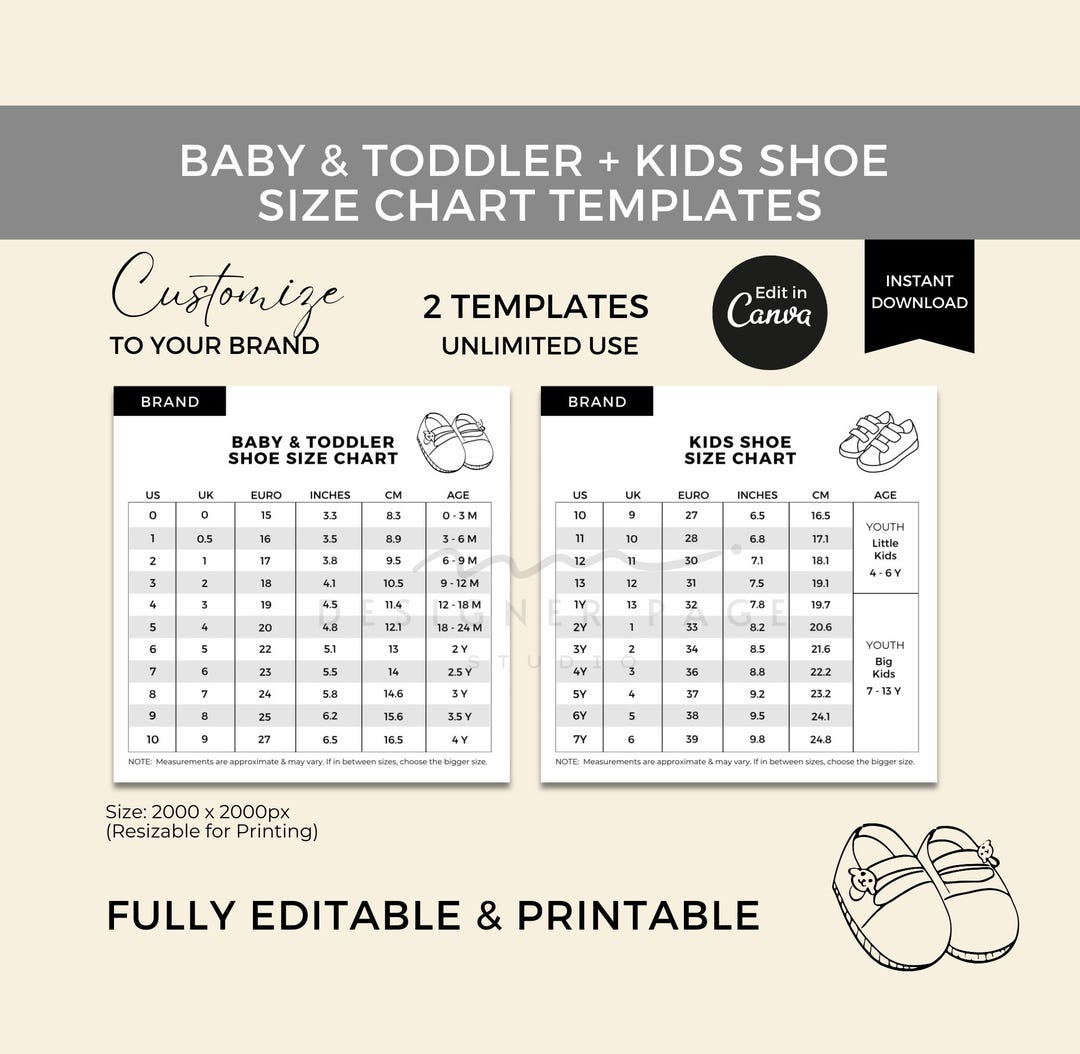 Editable Baby Toddler Shoe Size Chart Template Canva Kids Shoe Size