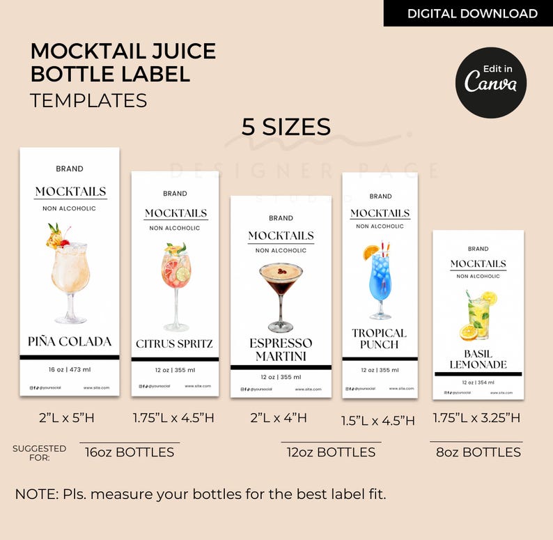Editable Mocktail Juice Bottle Labels Template Canva, Fresh Fruit Juice ...