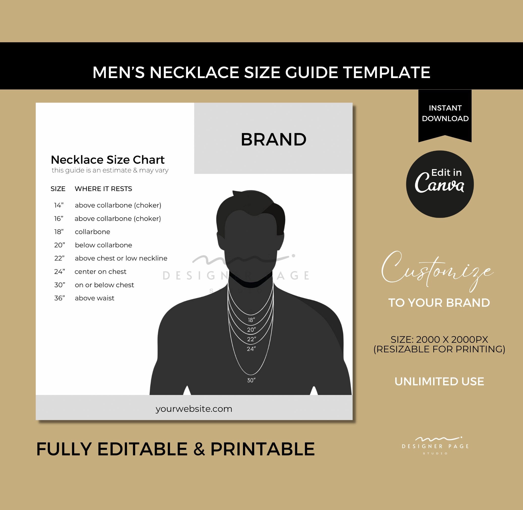 Editable Men’s Necklace Size Chart Template | Printable Necklace Size ...