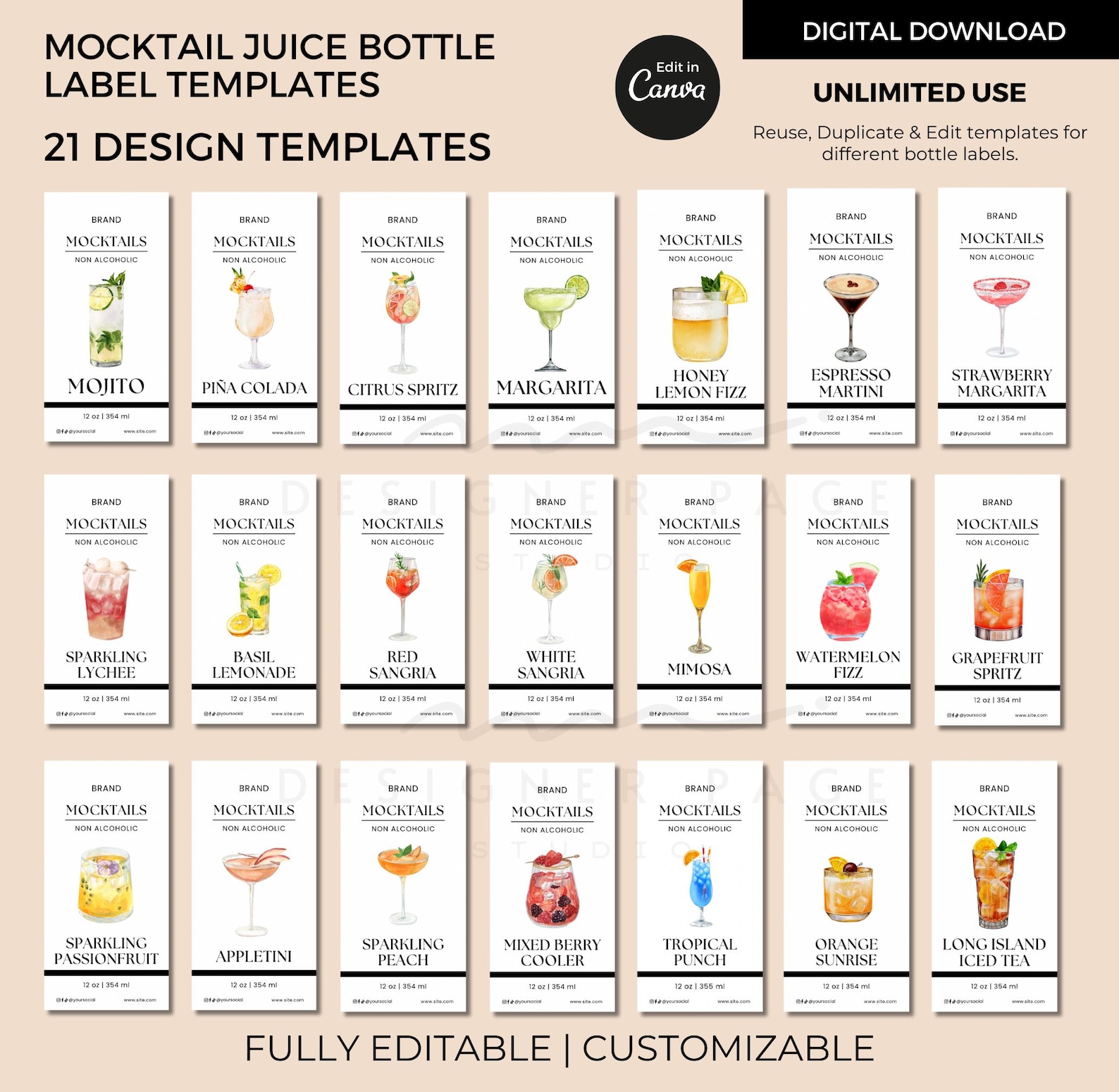 Editable Mocktail Juice Bottle Labels Template Canva, Fresh Fruit Juice ...