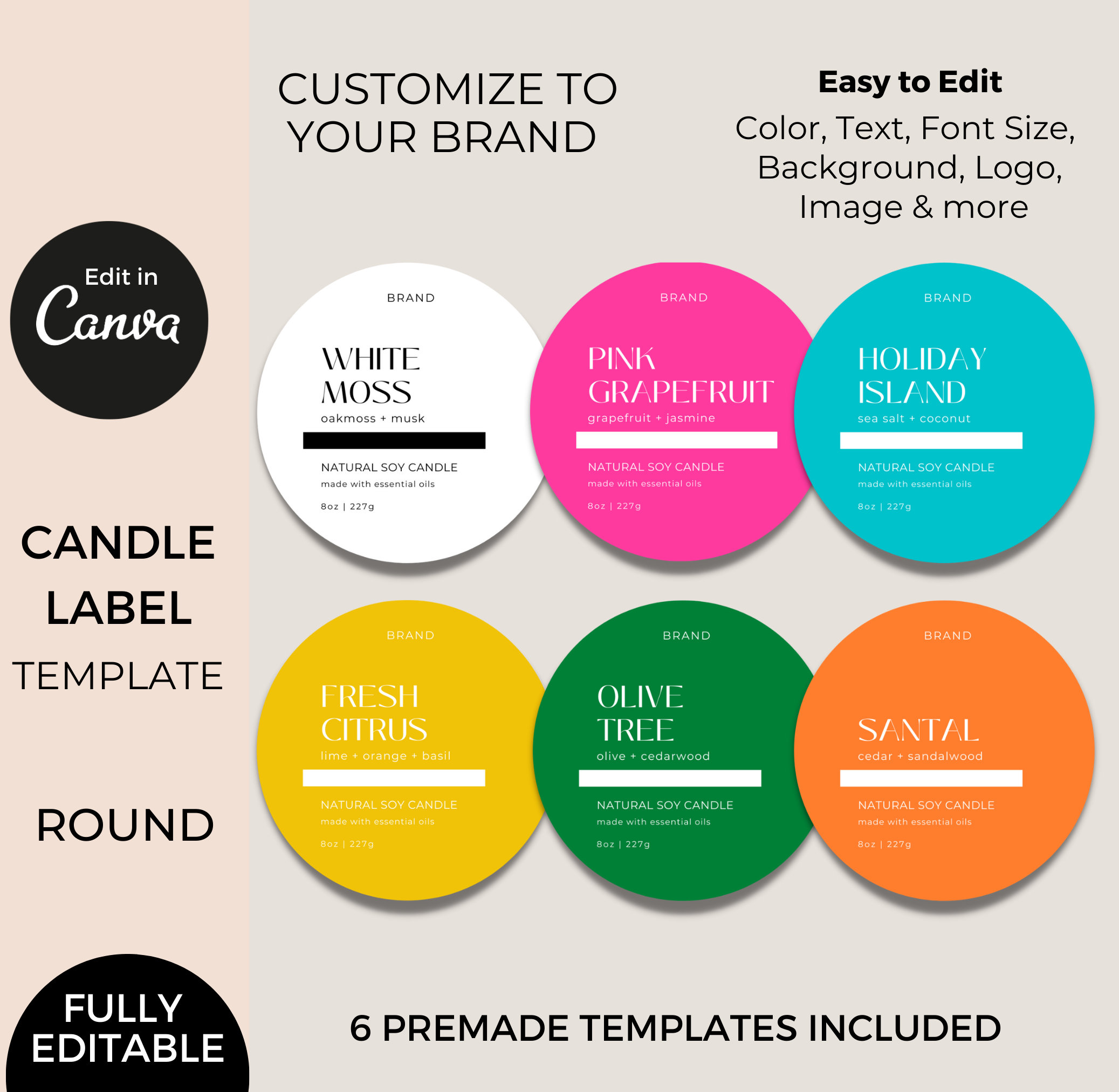 Candle Tin Labels Canva Template, Round Candle Label Template Editable ...