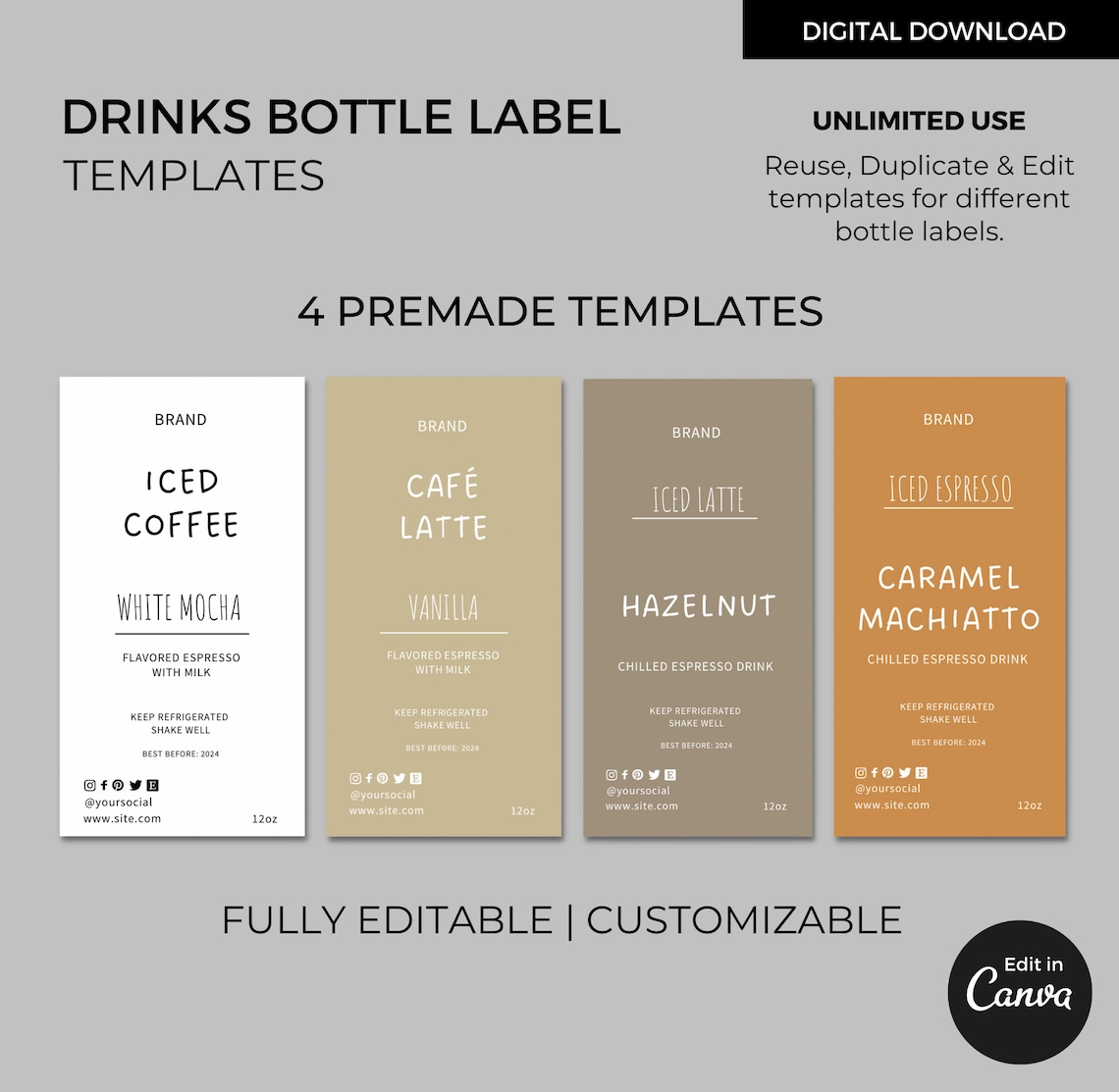 Editable Iced Coffee Bottle Labels Template Canva, Drinks Label Design ...