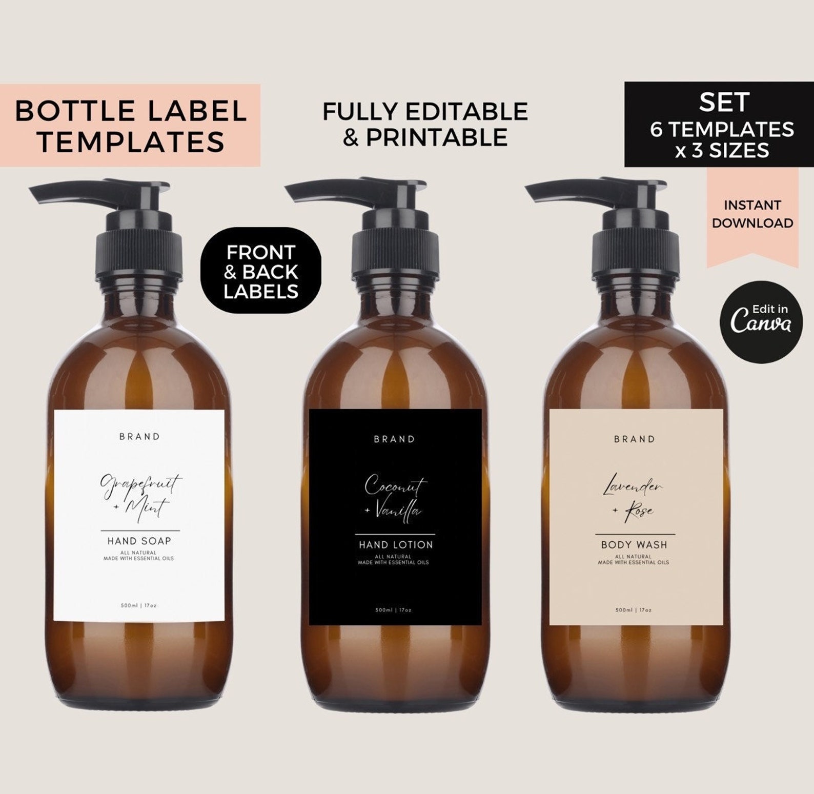 Editable Hand Soap Bottle Labels Template Canva, Hand Wash Body Lotion ...