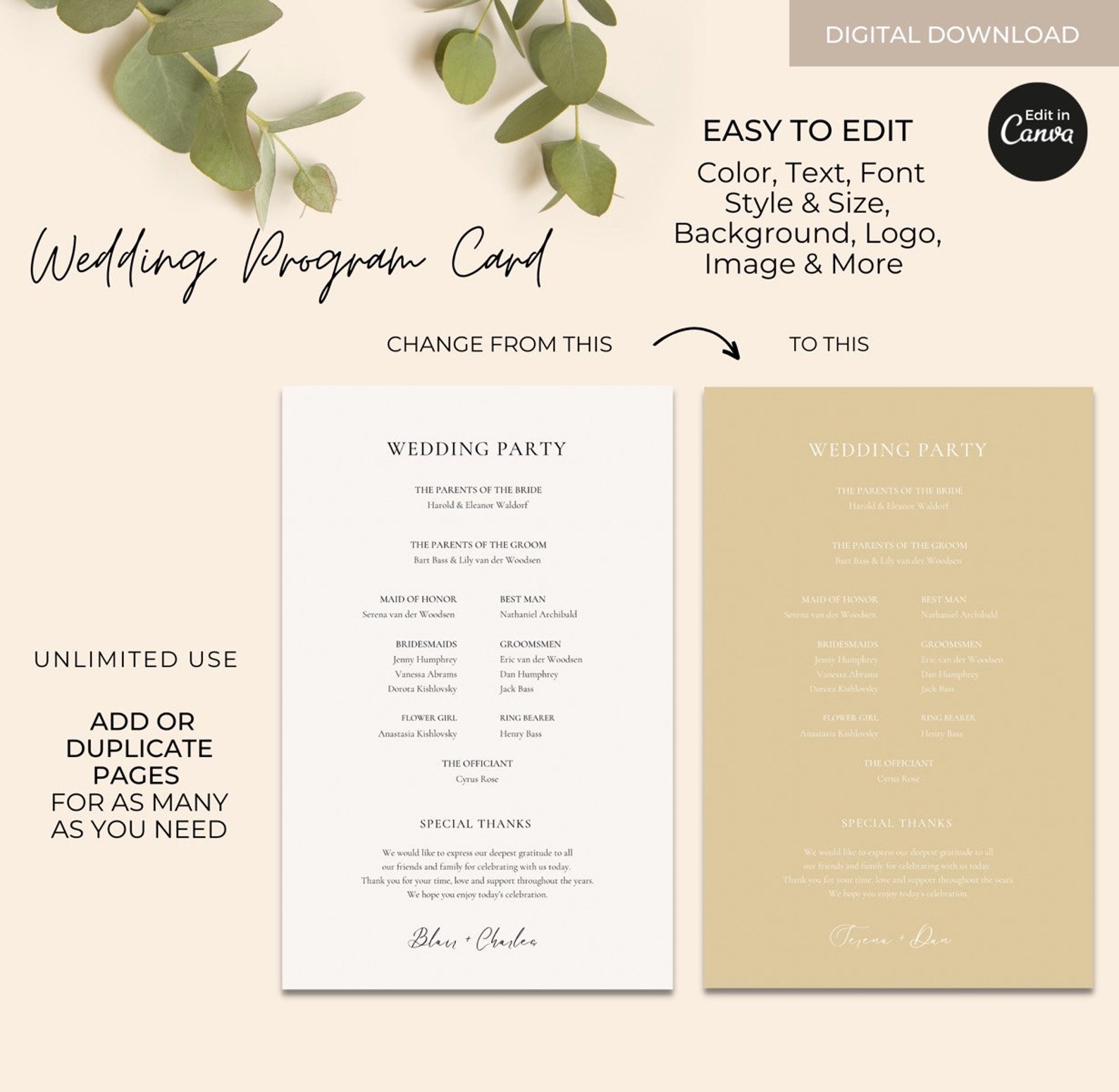 Editable Modern Wedding Program Card Template Canva, Printable Wedding ...