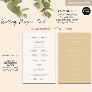 Editable Modern Wedding Program Card Template Canva, Printable Wedding ...