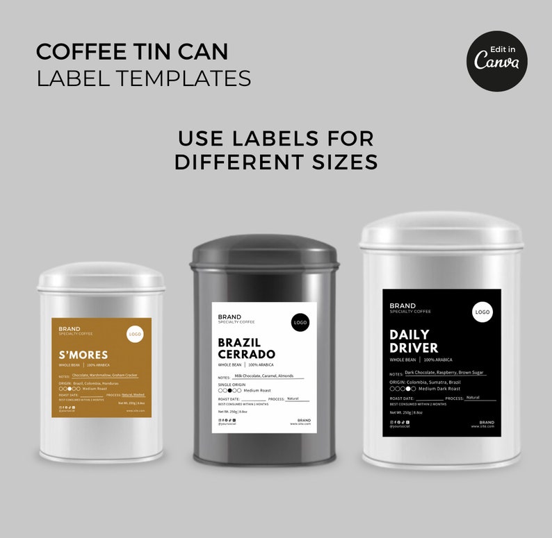 Coffee Tin Can Labels Template Editable Canva, Custom Coffee Labels ...