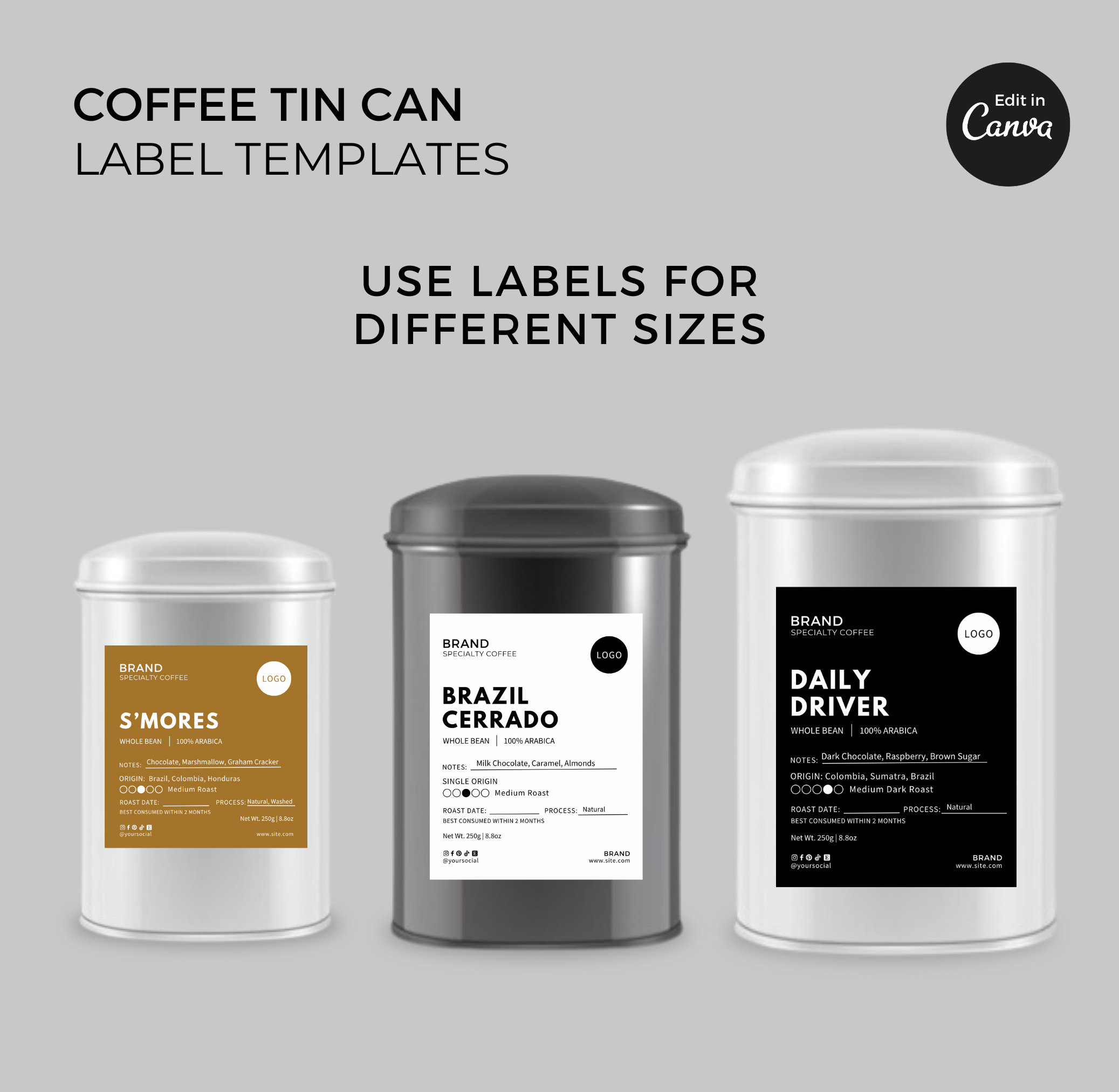 Coffee Tin Can Labels Template Editable Canva, Custom Coffee Labels ...