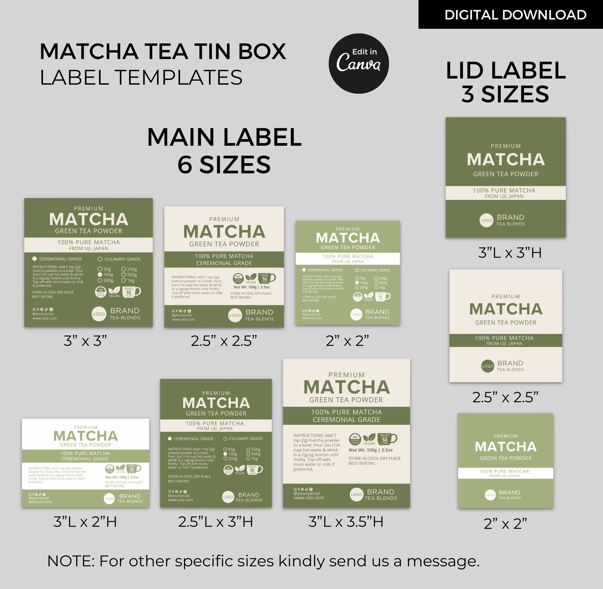 Matcha Tea Tin Can Labels Template Editable Canva, Tea Canister Label ...
