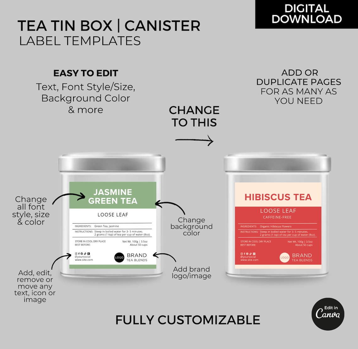 Tea Tin Can Labels Template Editable Canva, Tea Canister Label Stickers ...