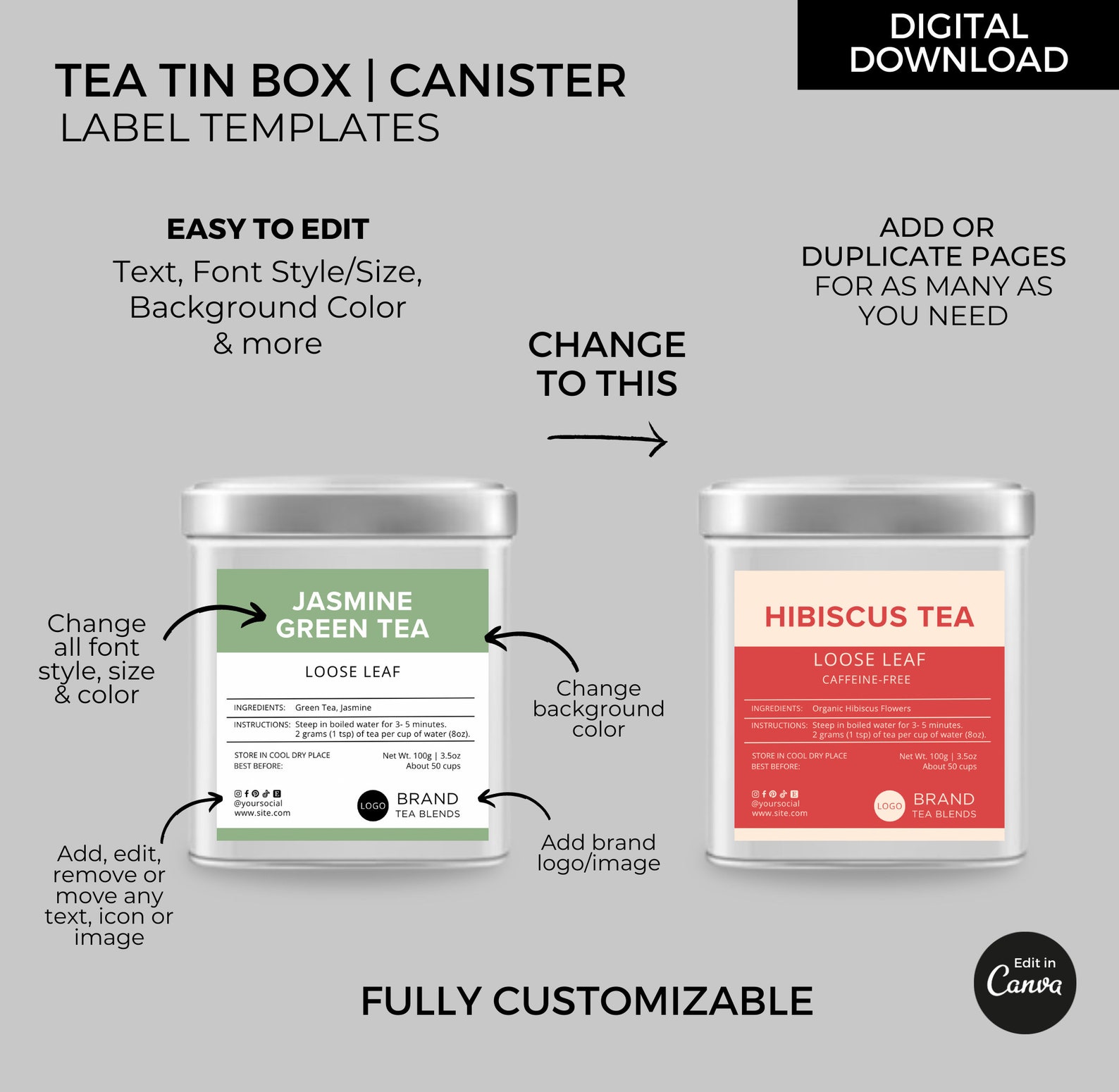 Tea Tin Can Labels Template Editable Canva, Tea Canister Label Stickers ...