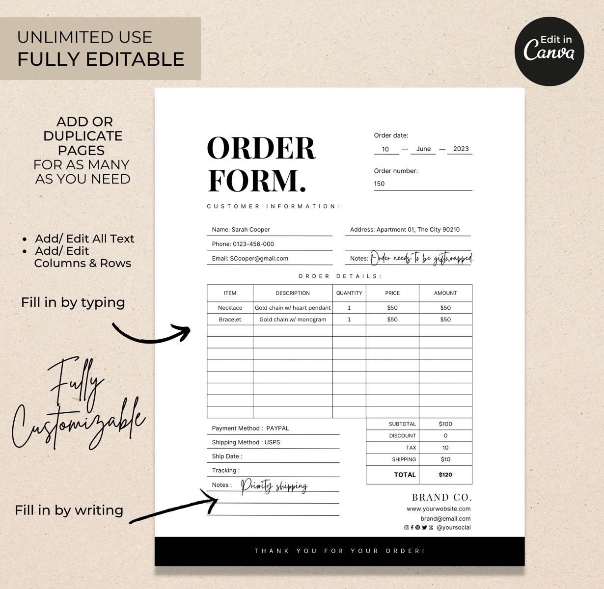 Printable Order Form Template Canva, Editable Purchase Order Forms ...