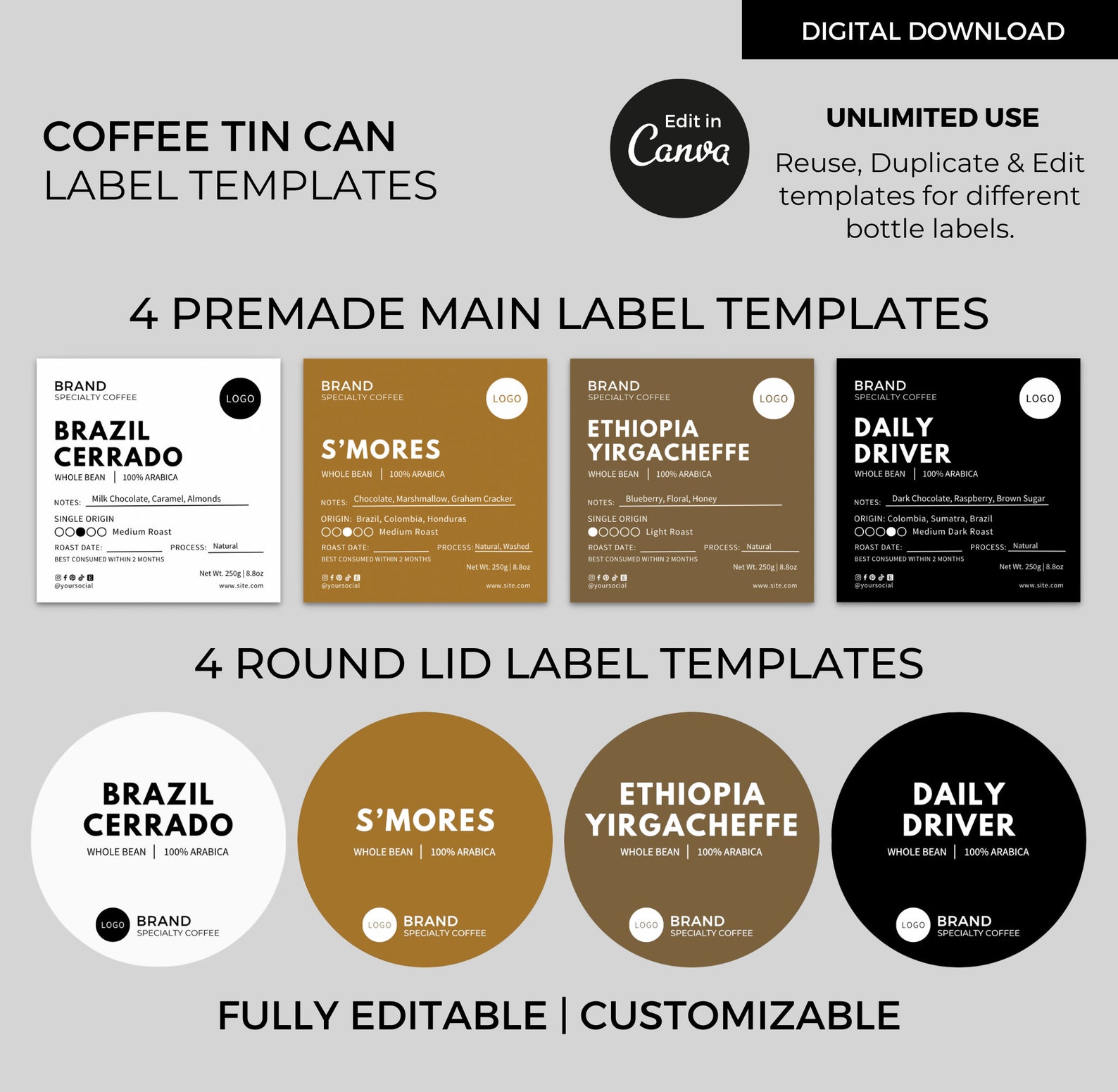 Coffee Tin Can Labels Template Editable Canva, Custom Coffee Labels ...