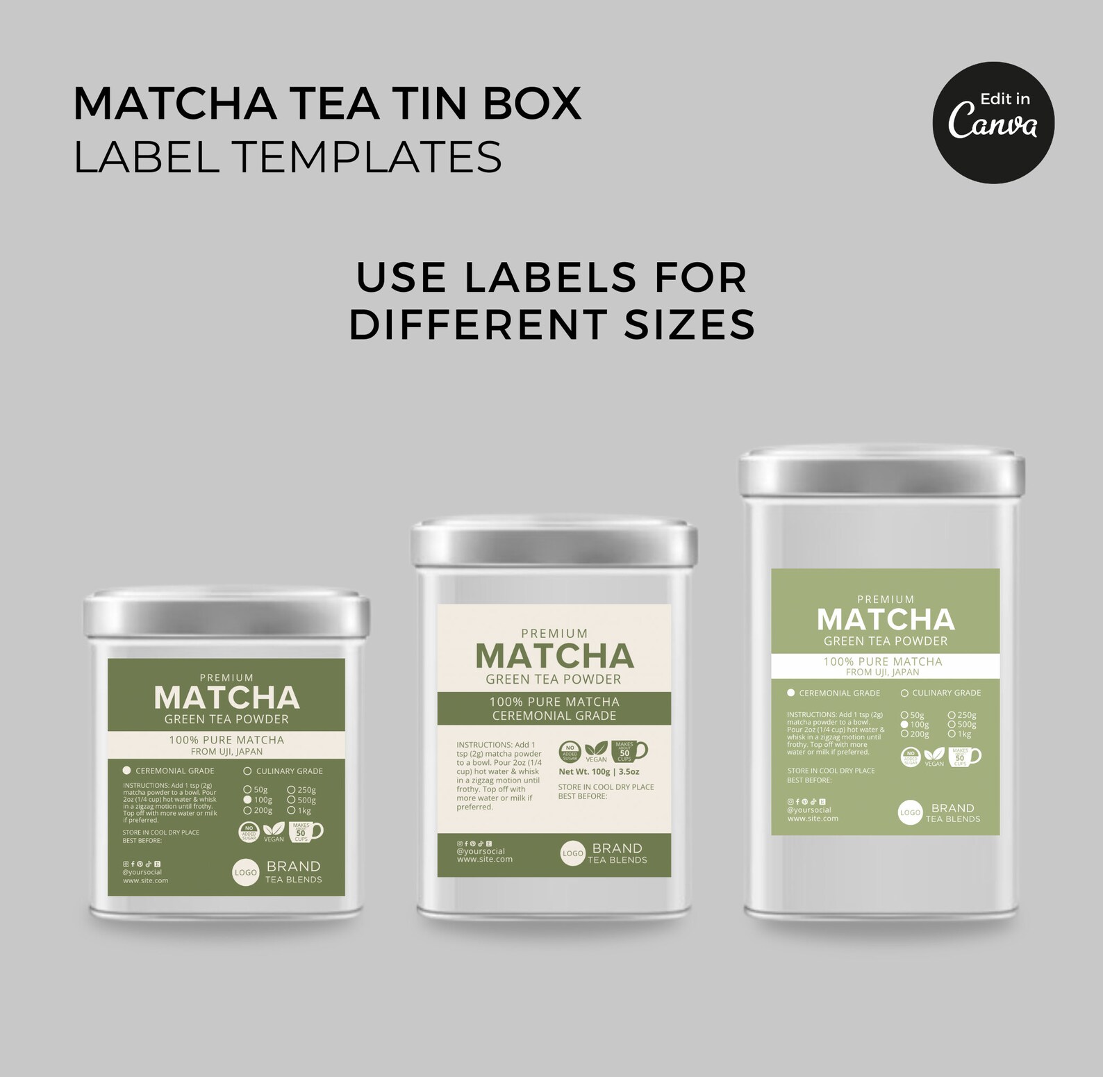 Matcha Tea Tin Can Labels Template Editable Canva, Tea Canister Label ...