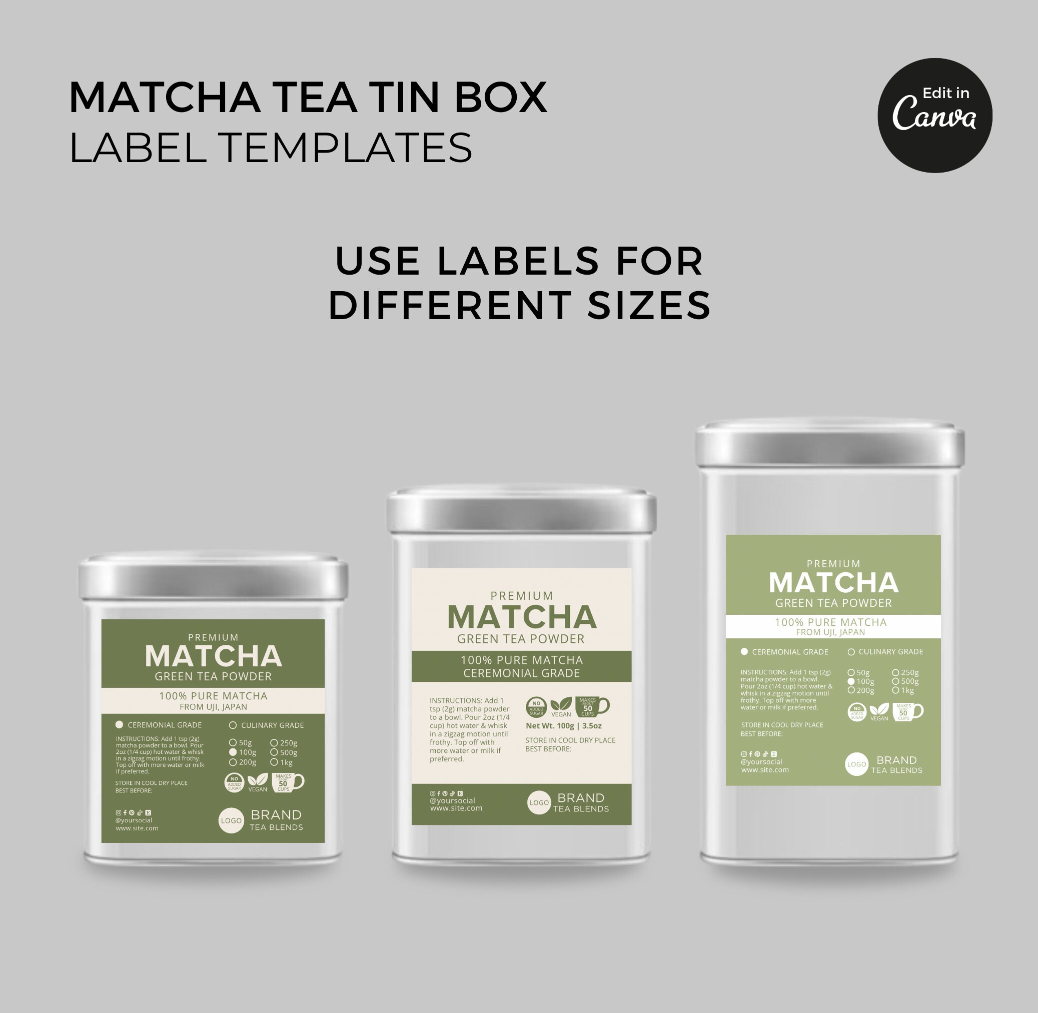 Matcha Tea Tin Can Labels Template Editable Canva, Tea Canister Label ...