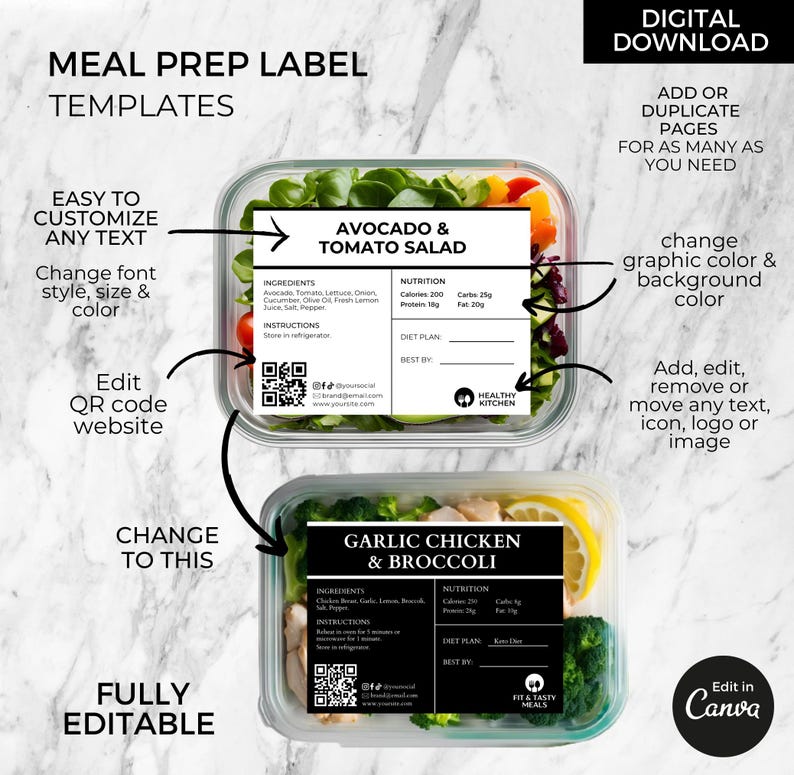 Editable Meal Prep Labels Template Canva, Packed Meal Label Sticker ...