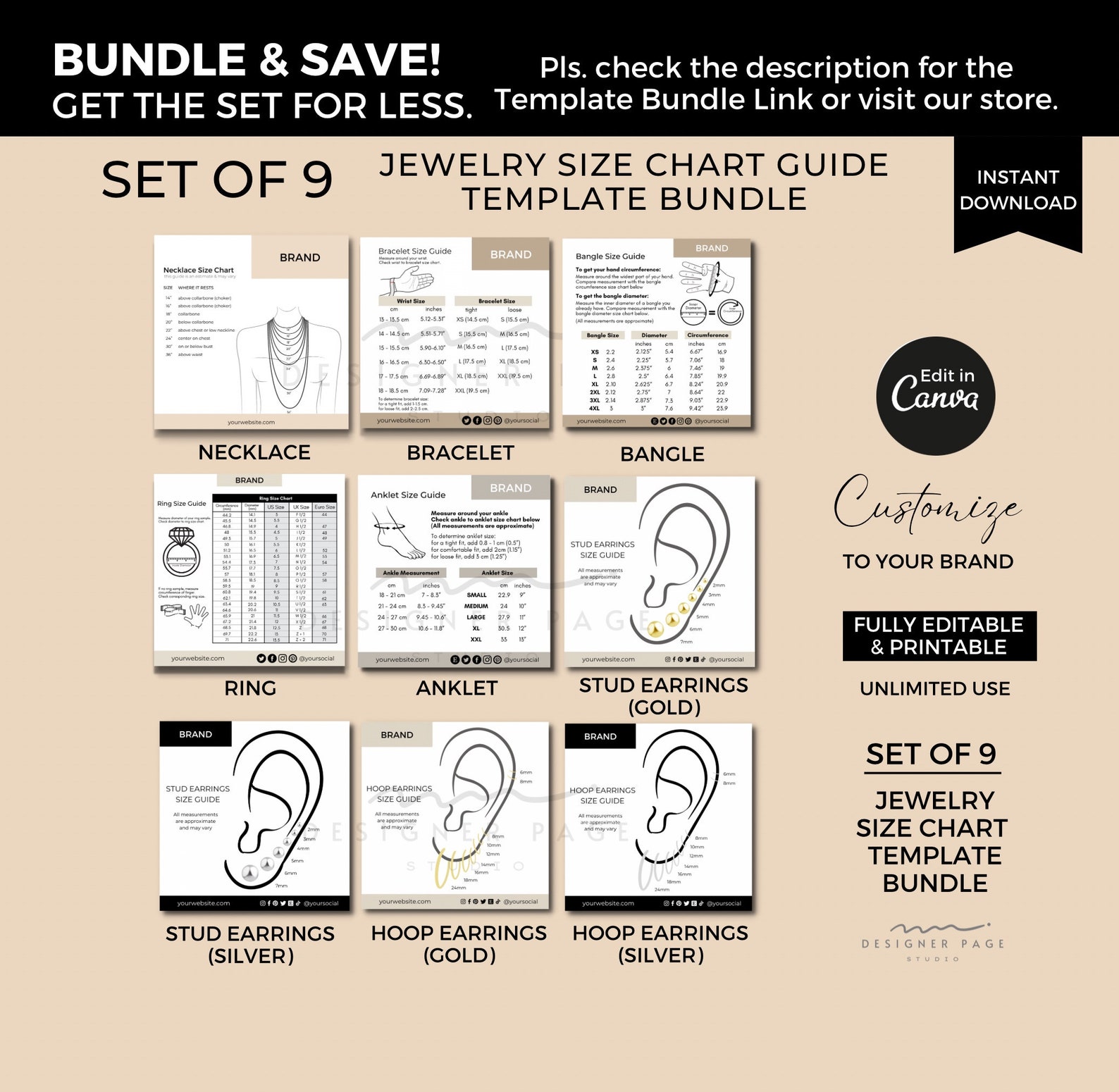 Ring Size Chart Template Editable | Printable Jewelry Accessory Rings ...