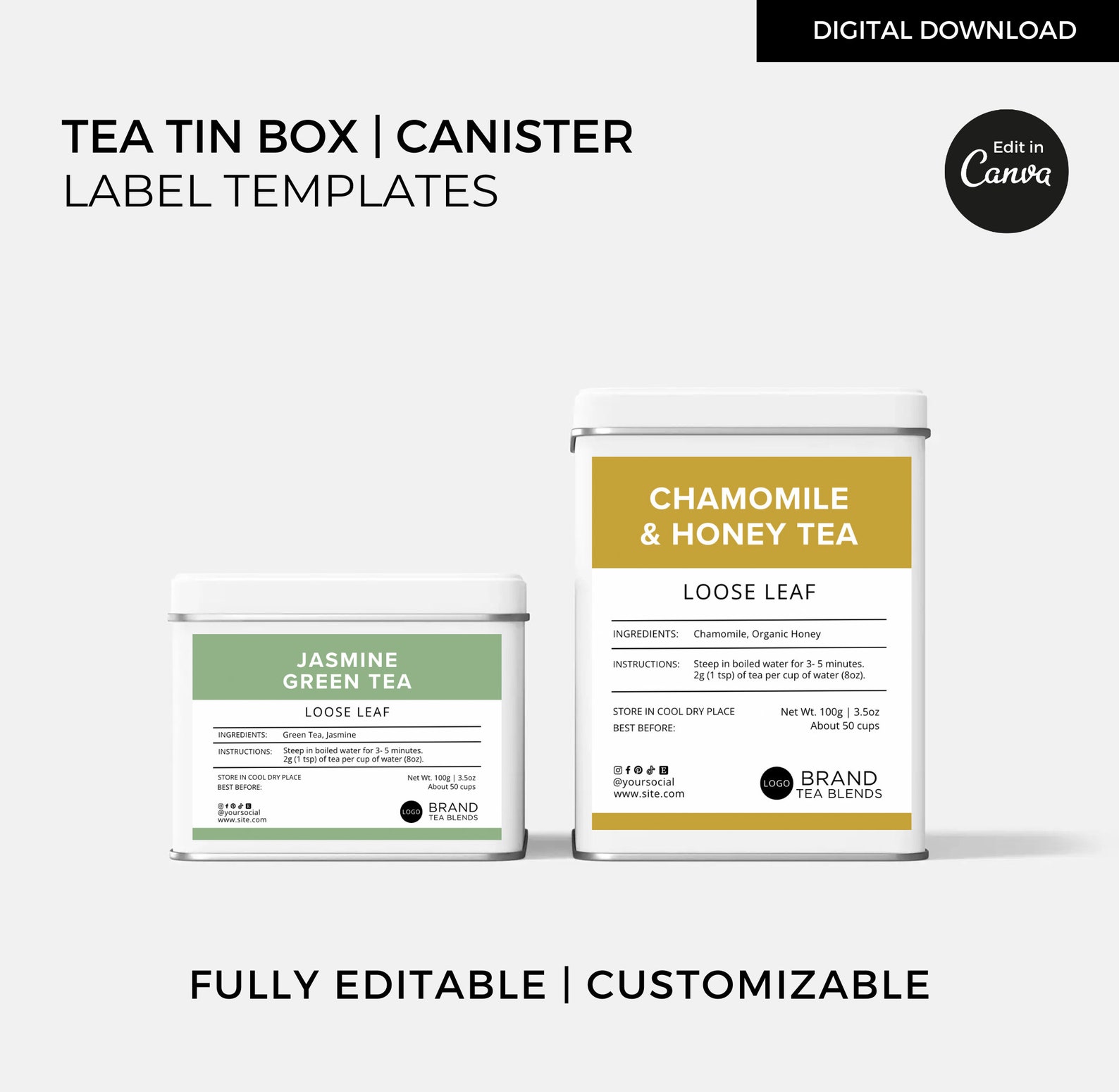Tea Tin Can Labels Template Editable Canva, Tea Canister Label Stickers ...