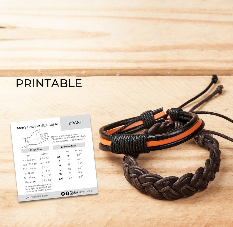 Men’s Bracelet Size Chart Template Editable, Printable Accessory ...