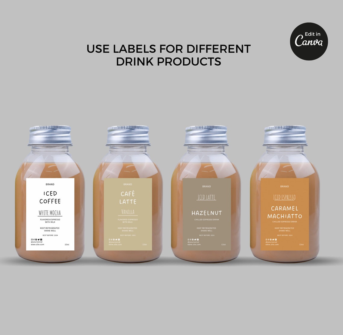 Editable Iced Coffee Bottle Labels Template Canva, Drinks Label Design ...