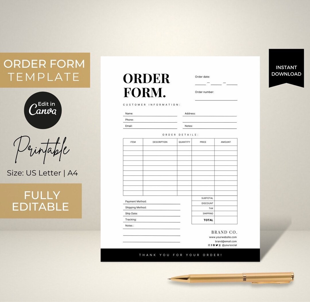 Printable Order Form Template Canva Editable Purchase Order Forms Customer Sales Invoice