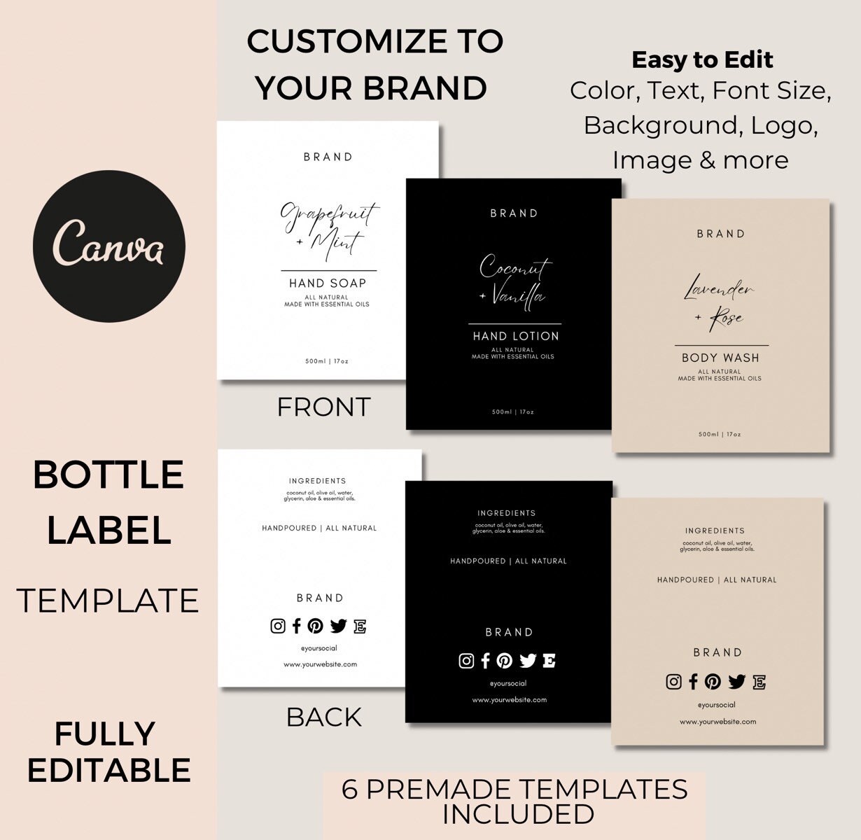 Editable Hand Soap Bottle Labels Template Canva, Hand Wash Body Lotion ...