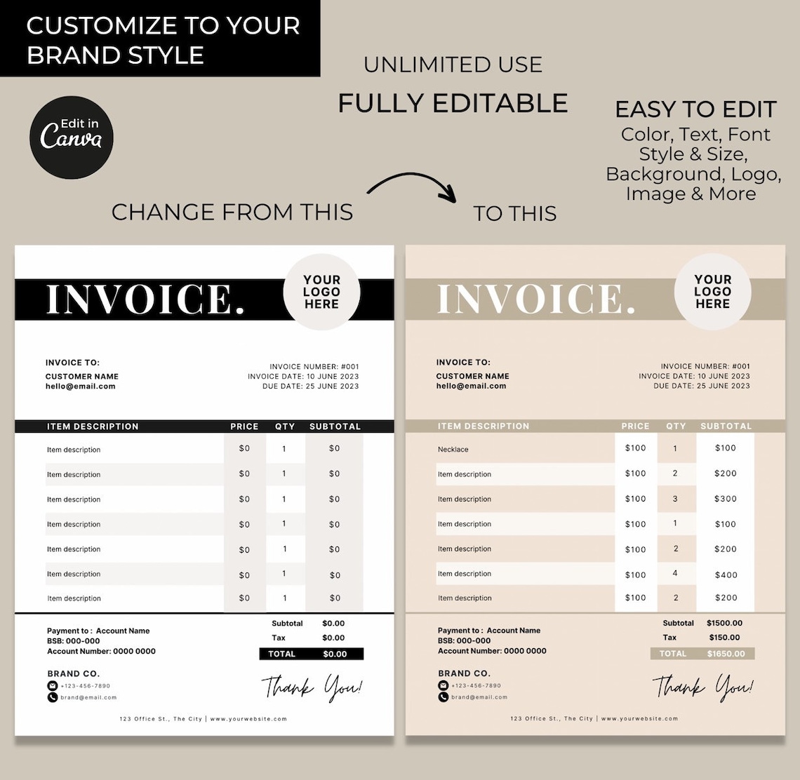 Editable Printable Sales Invoice Template Canva, Editable Payment Forms ...