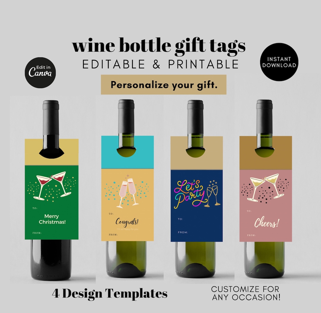 Editable Wine Bottle Hang Tags Template Set Canva, Printable Champagne ...