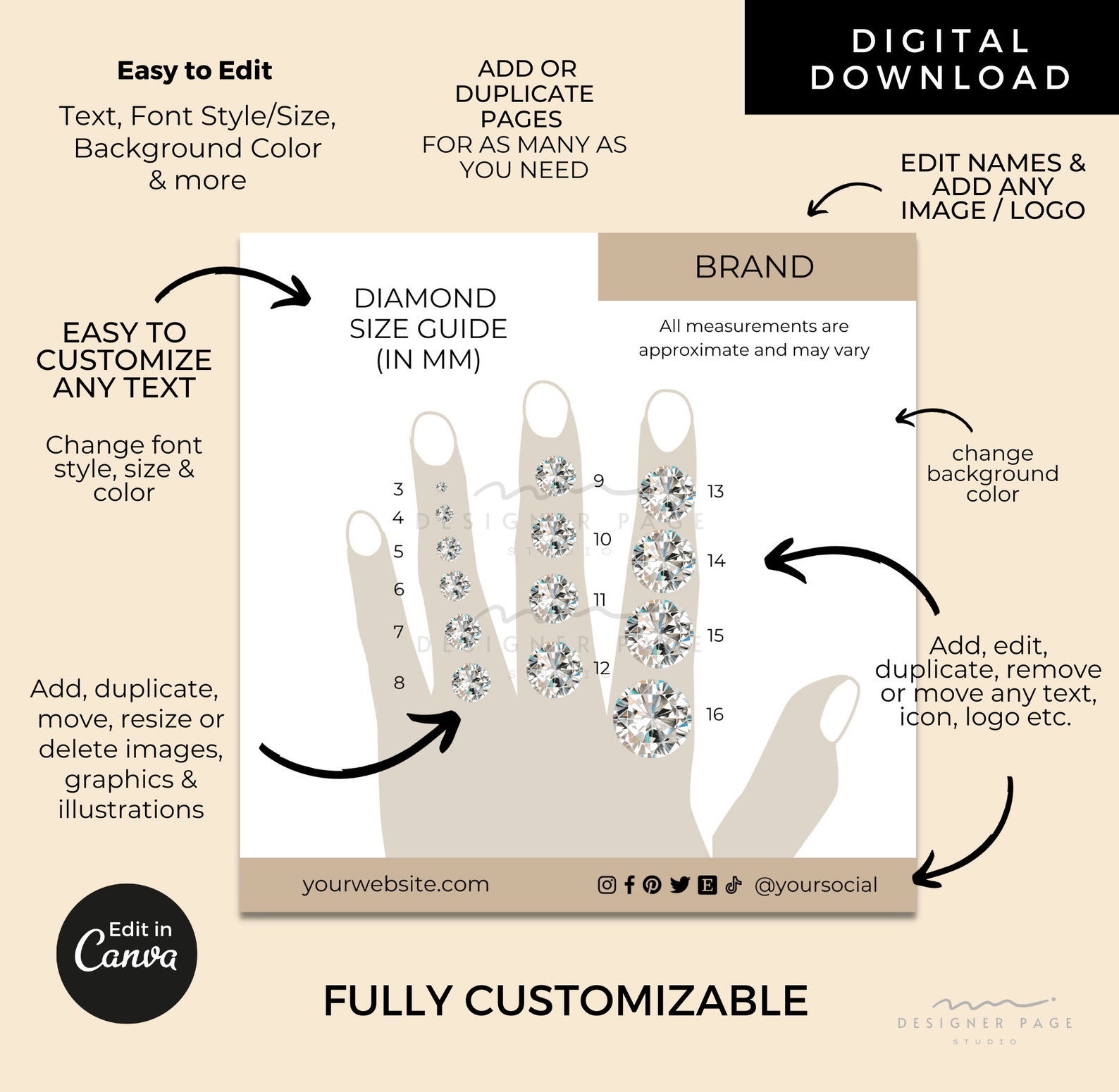 Diamond Size Guide Template Editable, Printable Round Diamond Stone ...